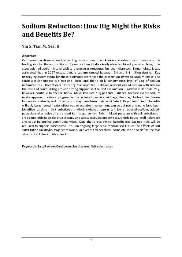 (PDF) Sodium Reduction: How Big Might the Risks and Benefits Be?