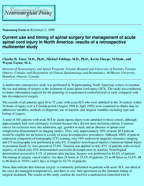 (PDF) Current use and timing of spinal surgery for management of acute spinal cord injury in ...