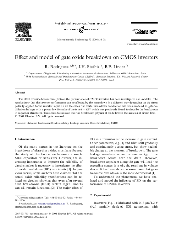 (PDF) Effect and model of gate oxide breakdown on CMOS inverters ...