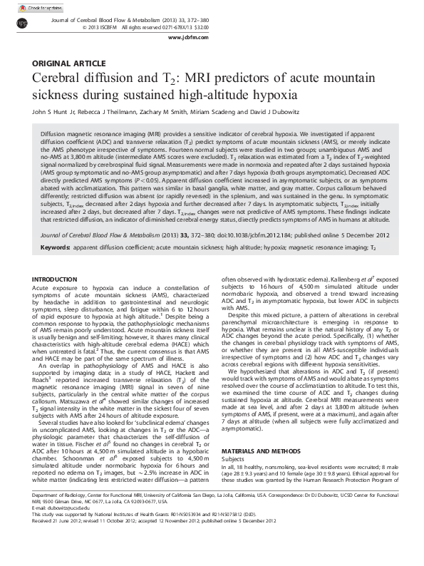 (PDF) Cerebral diffusion and T2: MRI predictors of acute mountain ...
