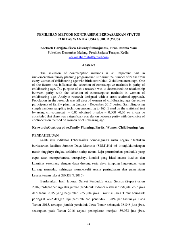 (PDF) Pemilihan Metode Kontrasepsi Berdasarkan Status Paritas Wanita Usia Subur (Wus)