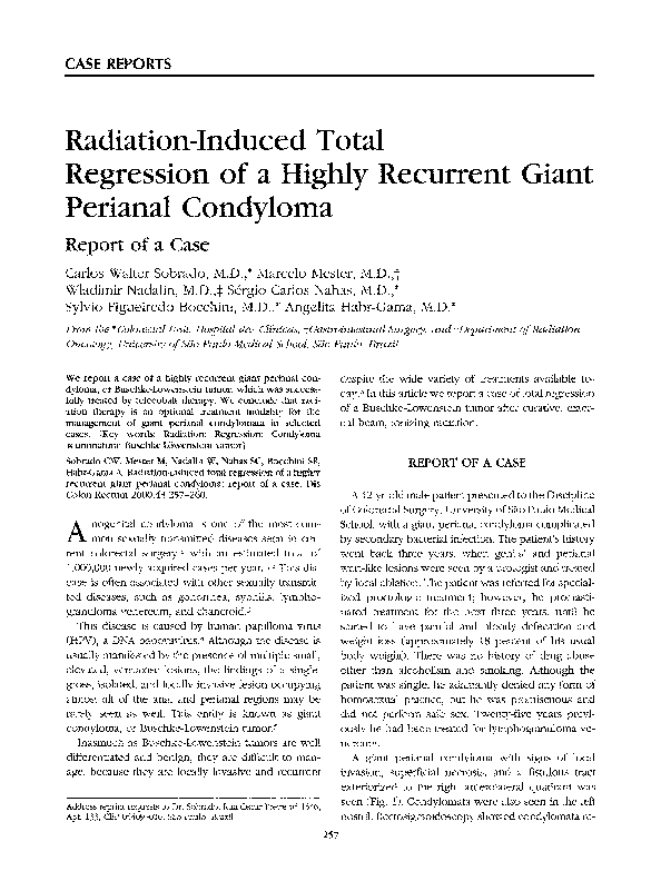 (PDF) Radiation-induced total regression of a highly recurrent giant perianal condyloma