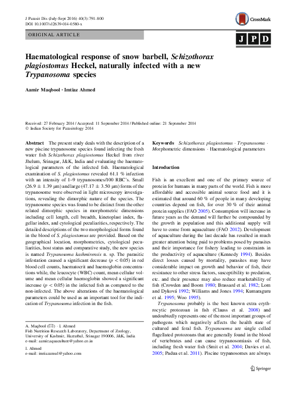 (PDF) Haematological response of snow barbell, Schizothorax ...