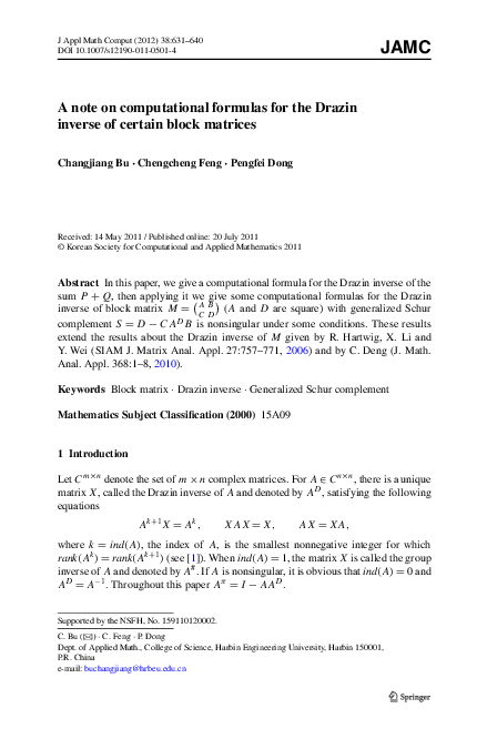(PDF) A note on computational formulas for the Drazin inverse of ...