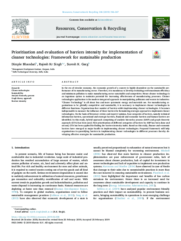 (PDF) Prioritisation and evaluation of barriers intensity for implementation of cleaner ...