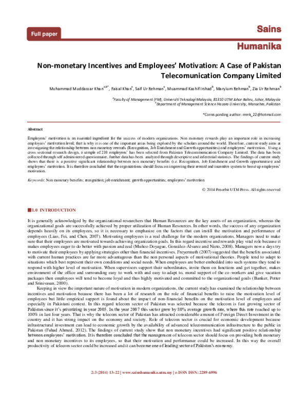 (PDF) Non-monetary Incentives and Employees’ Motivation: A Case of ...
