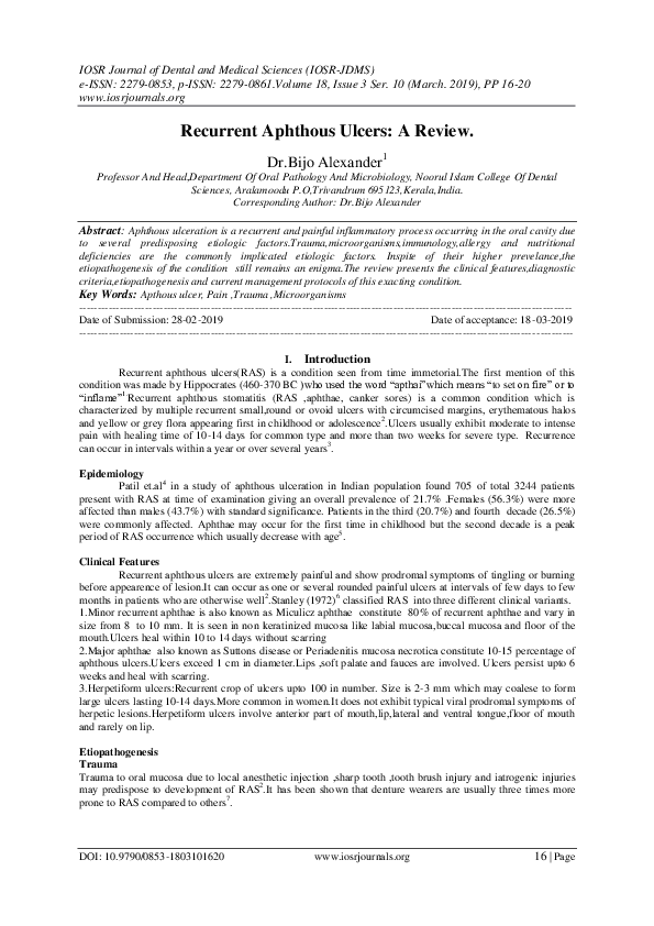Pdf Recurrent Aphthous Ulcers A Review Bijo Alexander