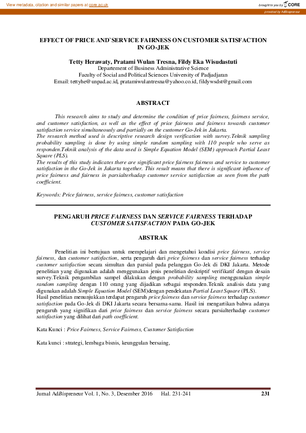 (PDF) Pengaruh Price Fairness Dan Service Fairness Terhadap Customer Satisfaction Pada Go-Jek