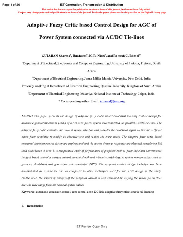 (PDF) Adaptive fuzzy critic based control design for AGC of power system connected via AC/DC tie ...