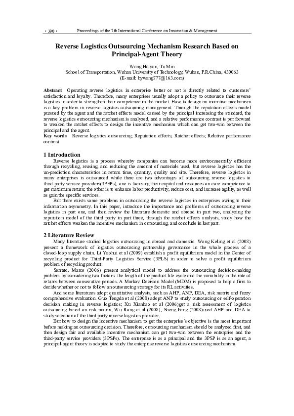 (PDF) Reverse Logistics Outsourcing Mechanism Research Based on ...