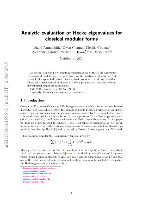 Pdf Analytic Evaluation Of Hecke Eigenvalues For Classical Modular Forms