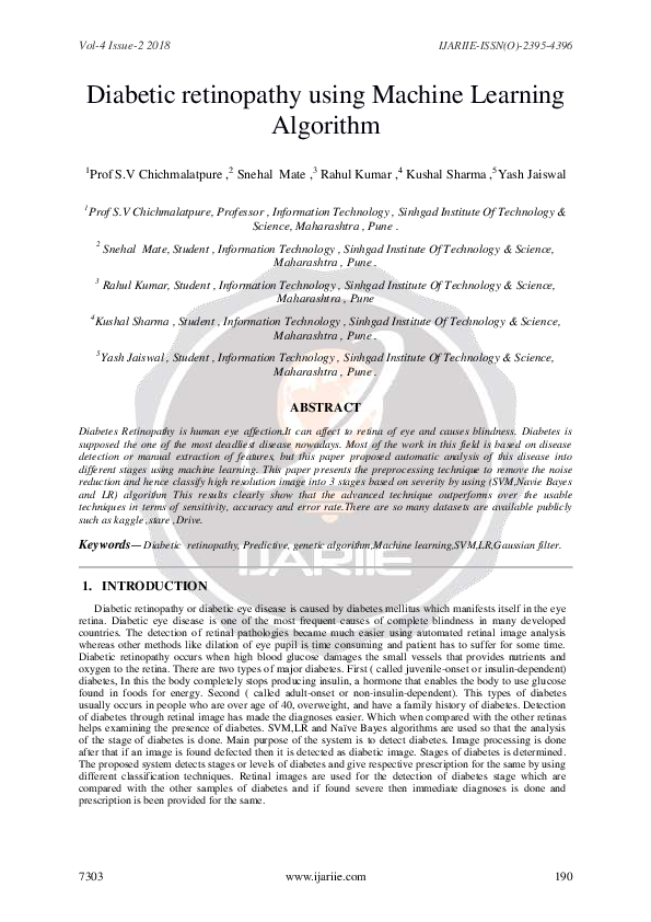 (PDF) Diabetic retinopathy using Machine Learning Algorithm
