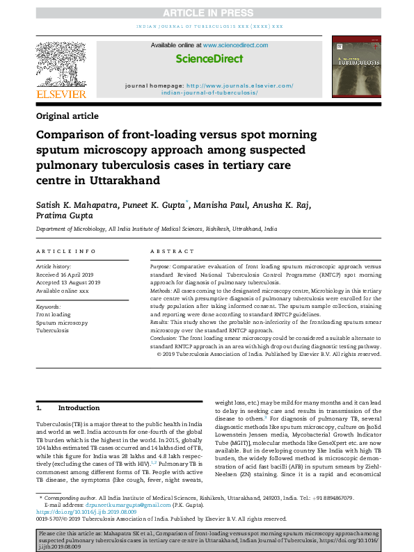 (PDF) Comparison of Front-loading versus Spot morning sputum microscopy ...