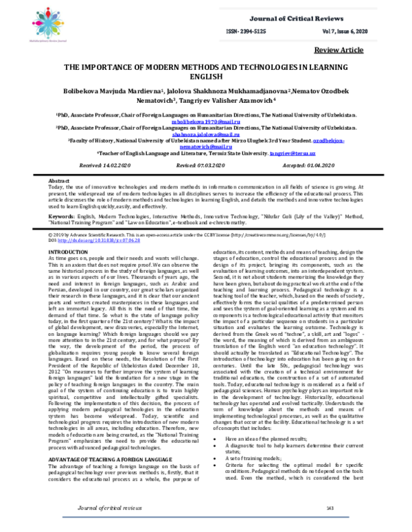 (PDF) THE IMPORTANCE OF MODERN METHODS AND TECHNOLOGIES IN LEARNING ENGLISH