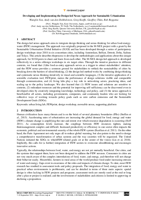 (PDF) Developing and Implementing the Design-led Nexus Approach for Sustainable Urbanisation