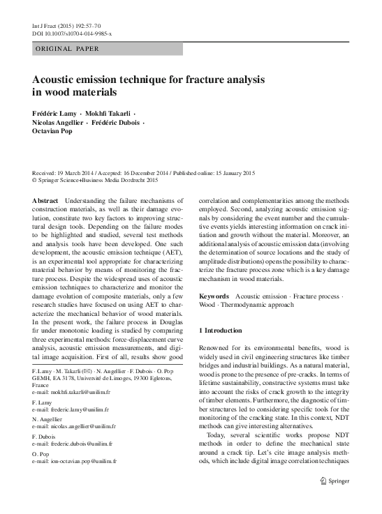 (PDF) Acoustic emission technique for fracture analysis in wood materials