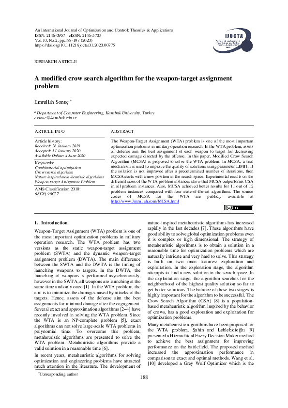 Pdf A Modified Crow Search Algorithm For The Weapon Target Assignment Problem