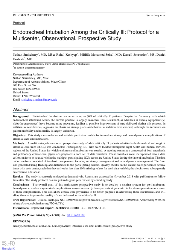 (PDF) Endotracheal Intubation Among the Critically Ill: Protocol for a Multicenter ...