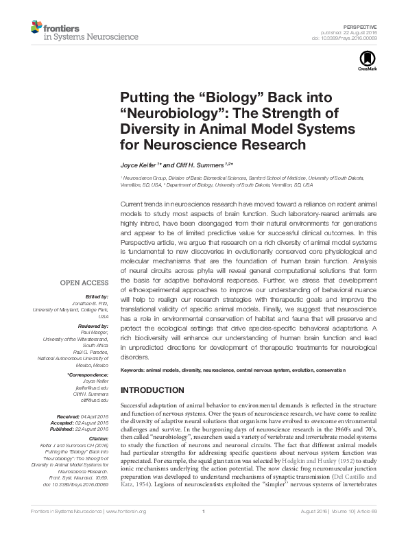 (PDF) Putting the "Biology" Back into "Neurobiology": The Strength of ...
