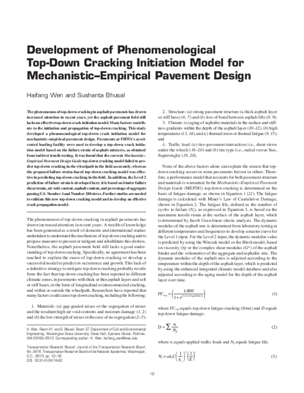 (PDF) Development of Phenomenological Top-Down Cracking Initiation Model for Mechanistic ...