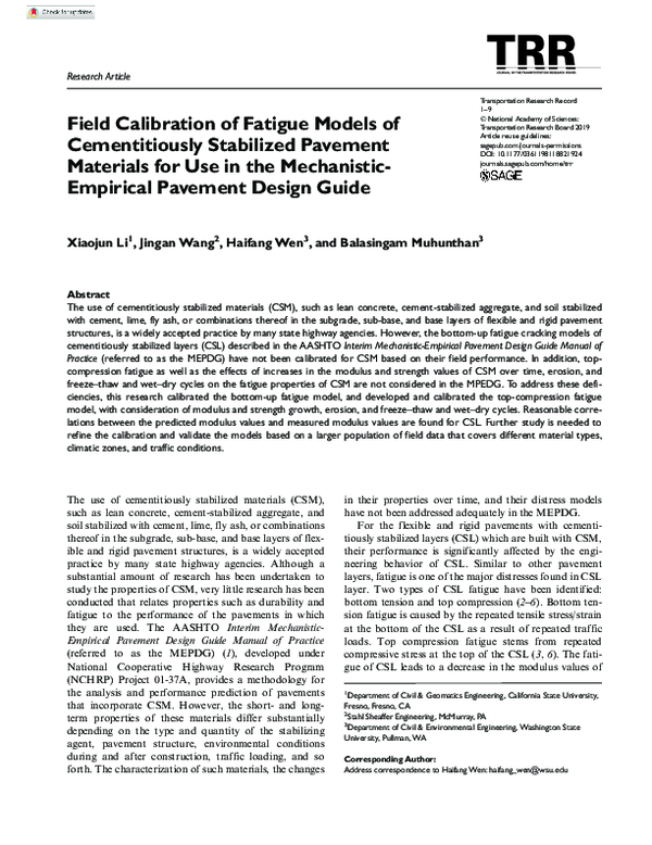 (PDF) Field Calibration of Fatigue Models of Cementitiously Stabilized Pavement Materials for ...