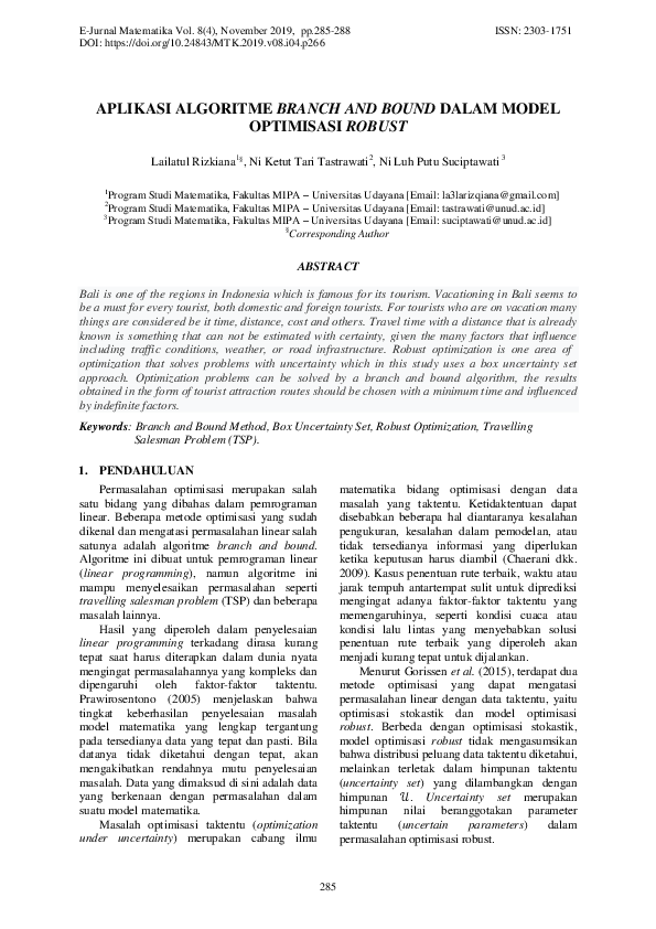 (PDF) Aplikasi Algoritme Branch and Bound Dalam Model Optimisasi Robust
