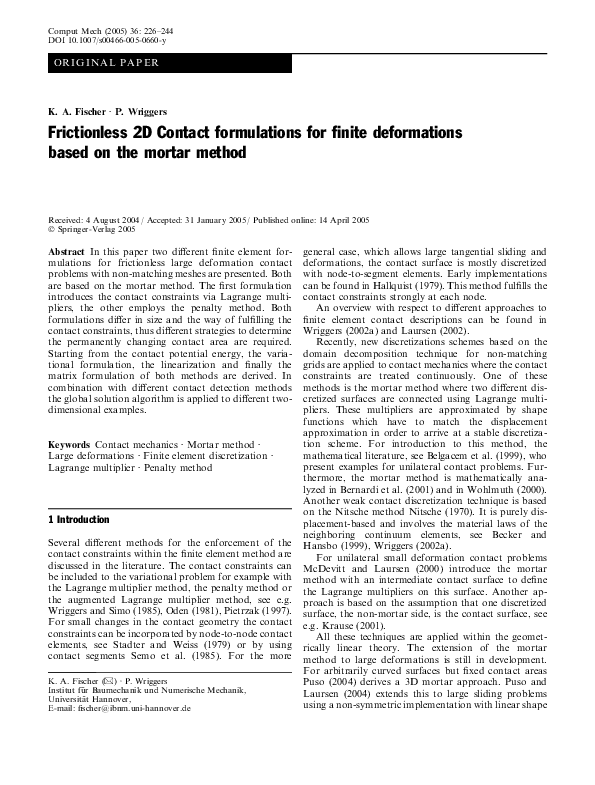 (PDF) Frictionless 2D Contact formulations for finite deformations ...