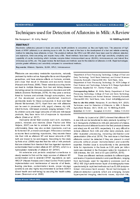 (PDF) Techniques used for Detection of Aflatoxins in Milk: A Review
