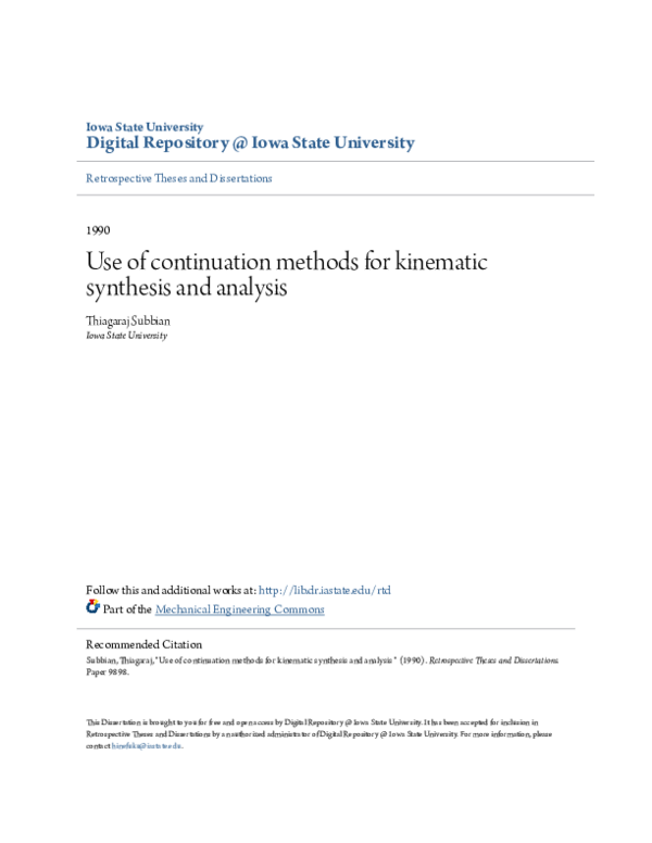 (PDF) Use of continuation methods for kinematic synthesis and analysis