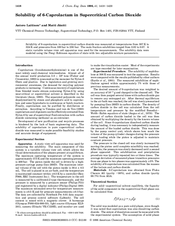 (PDF) Solubility of 6-Caprolactam in Supercritical Carbon Dioxide