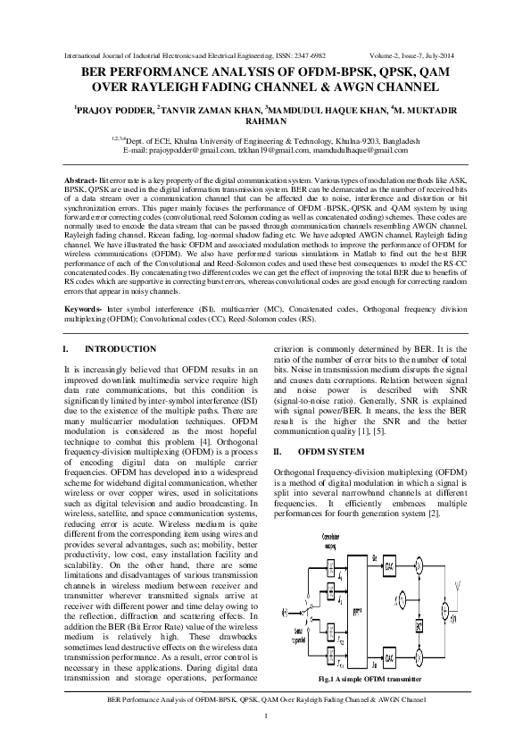 Pdf Ber Performance Analysis Of Ofdm Bpsk Qpsk Qam Over Rayleigh