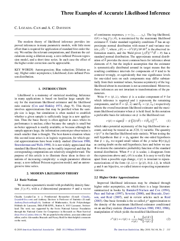 (PDF) Three Examples of Accurate Likelihood Inference | Claudia Lozada-Can - Academia.edu