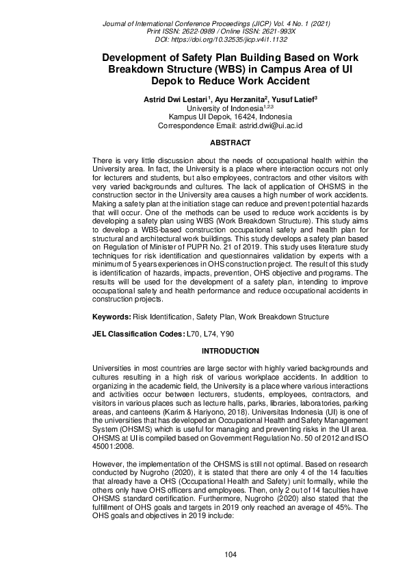 Development of Safety Plan Building Based on Work Breakdown Structure ...