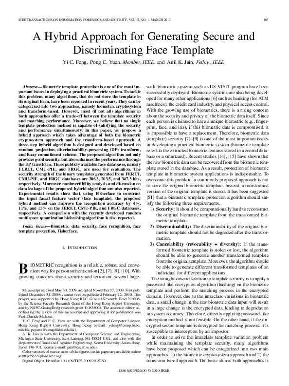 (PDF) A Hybrid Approach for Generating Secure and Discriminating Face Template