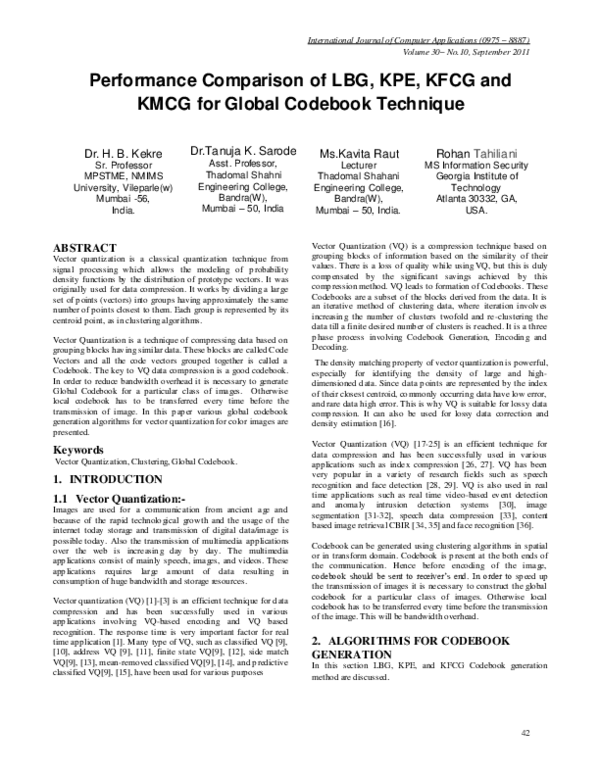 (PDF) Performance Comparison of LBG, KPE, KFCG and KMCG for Global Codebook Technique | Komal ...