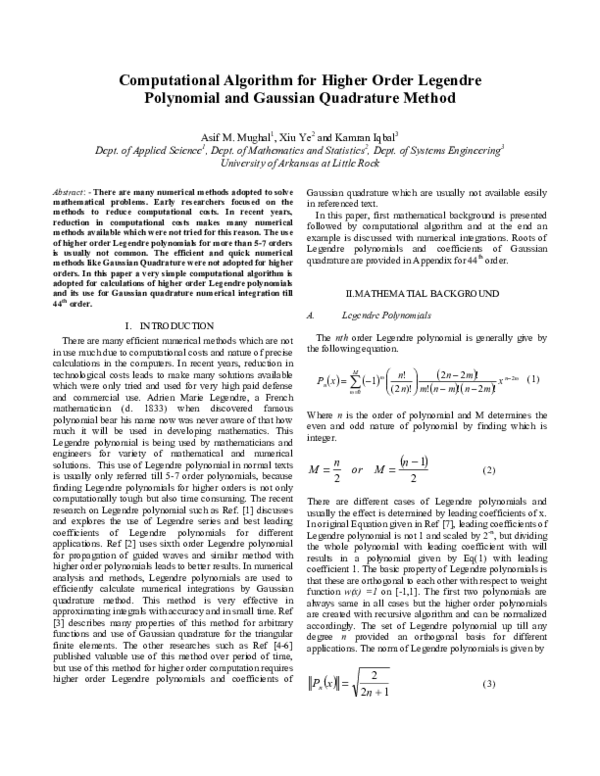Pdf Computational Algorithm For Higher Order Legendre Polynomial And Gaussian Quadrature