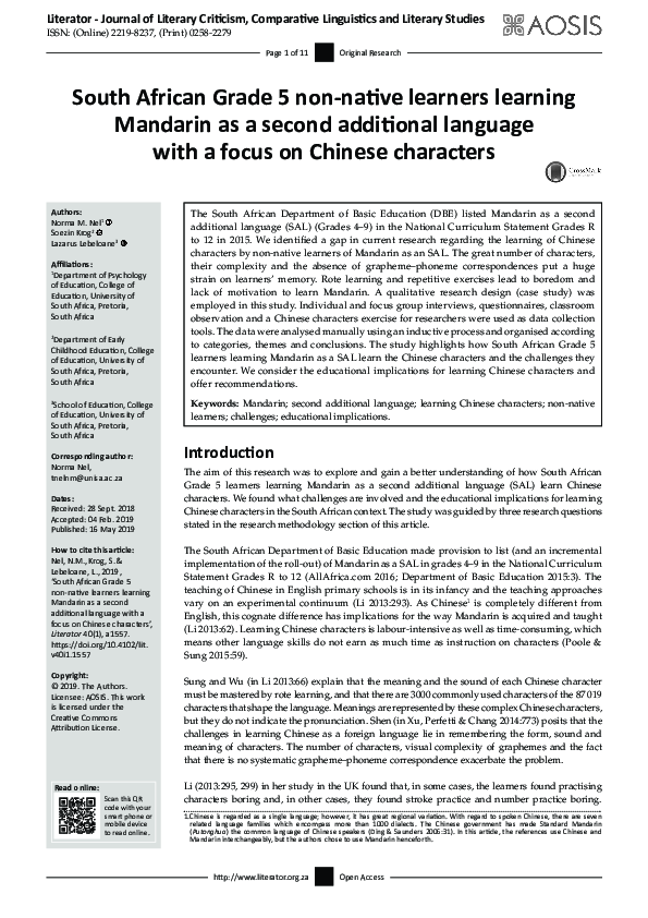 (PDF) South African Grade 5 non-native learners learning Mandarin as a ...