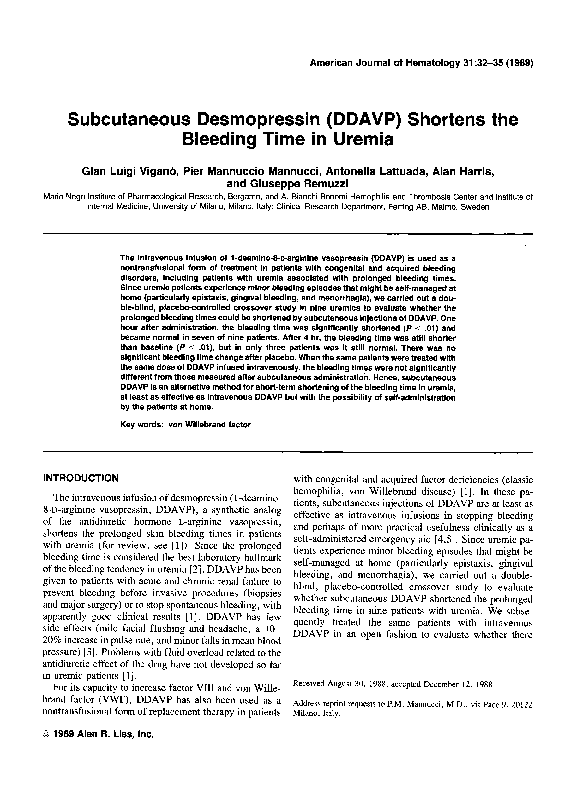 (PDF) Subcutaneous desmopressin (DDAVP) shortens the bleeding time in ...