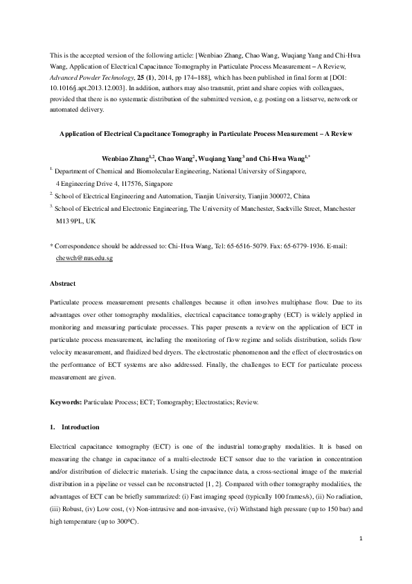 (PDF) Application of electrical capacitance tomography in particulate process measurement – A review