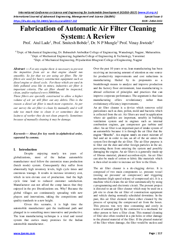 (PDF) Fabrication of Automatic Air Filter Cleaning System: A Review