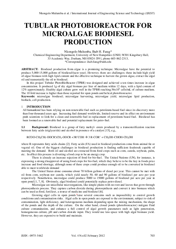 (PDF) Tubular Photobioreactor for Microalgae Biodiesel Production