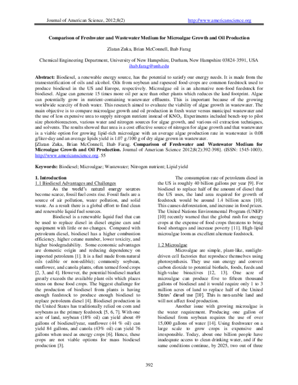 (PDF) Comparison of Freshwater and Wastewater Medium for Microalgae Growth and Oil Production