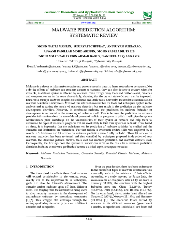 (PDF) Malware Prediction Algorithm: Systematic Review