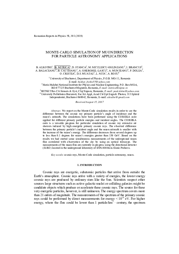 (PDF) Monte-Carlo Simulation of Muon Direction for Particle Astronomy Applications