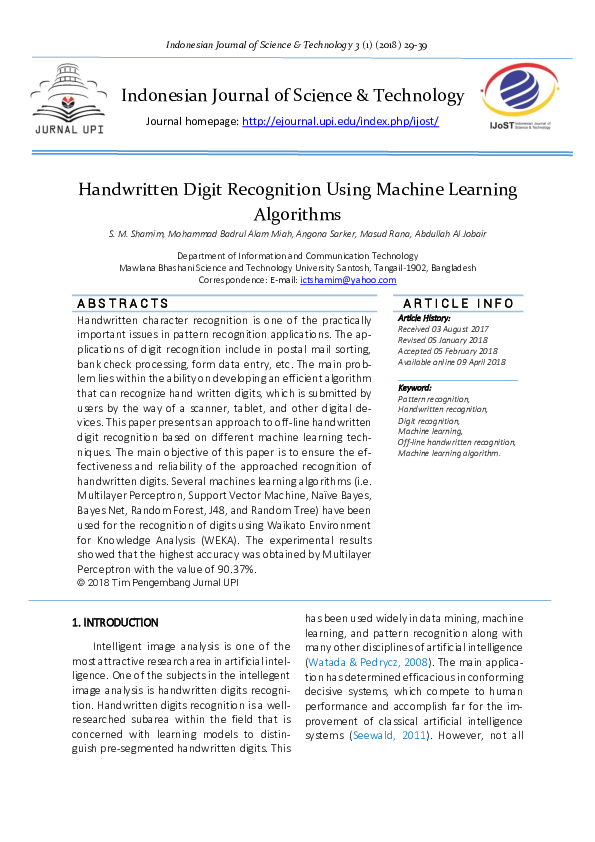 Pdf Handwritten Digit Recognition Using Machine Learning Algorithms