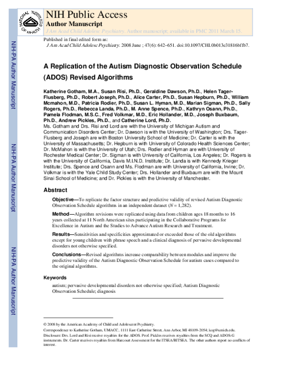 (PDF) A Replication of the Autism Diagnostic Observation Schedule (ADOS ...