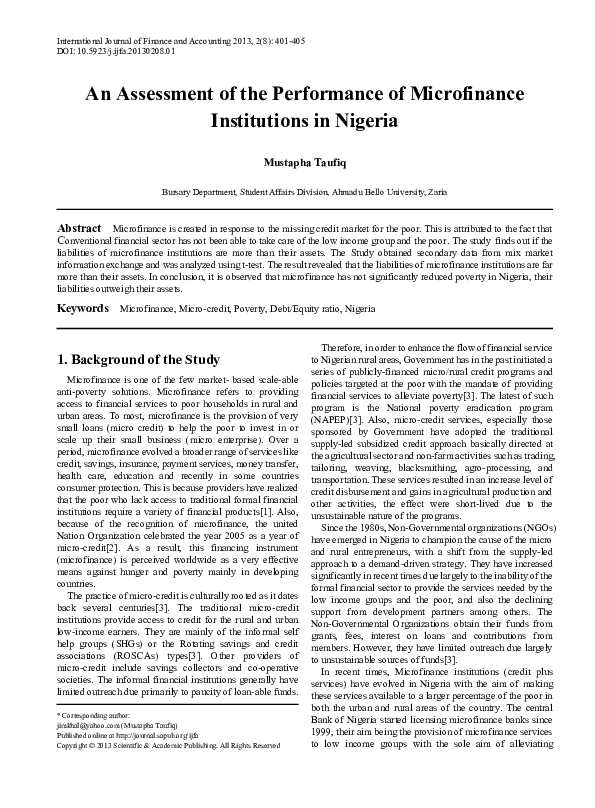 (PDF) Finance for the Poor: An Assessment of the Performance of ...