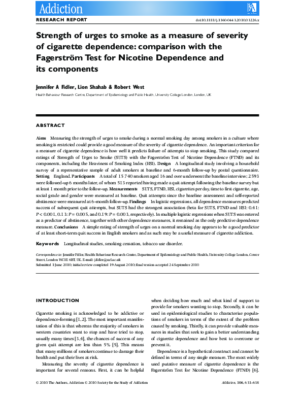 (PDF) Strength of urges to smoke as a measure of severity of cigarette ...