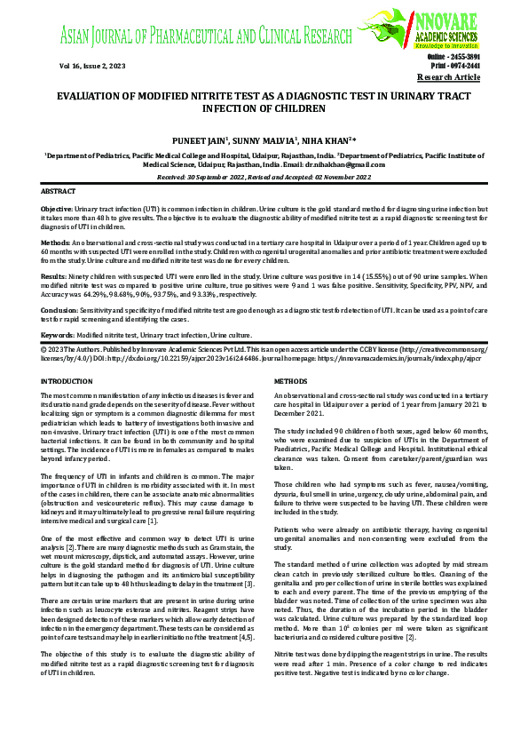 (PDF) EVALUATION OF MODIFIED NITRITE TEST AS A DIAGNOSTIC TEST IN ...