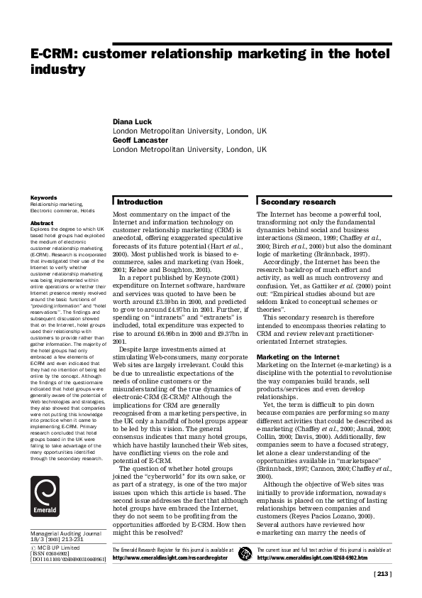 (PDF) E‐CRM: customer relationship marketing in the hotel industry